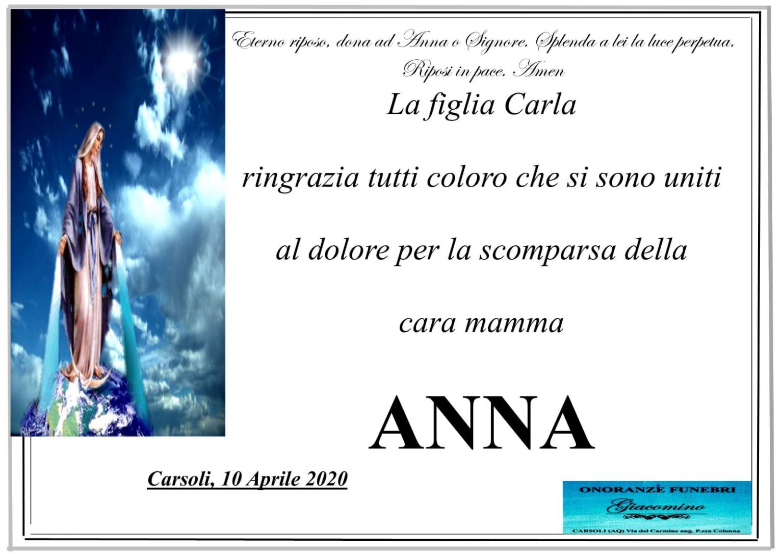 Ringraziamento per il lutto di Anna Basile ved. Granati – ConfineLive